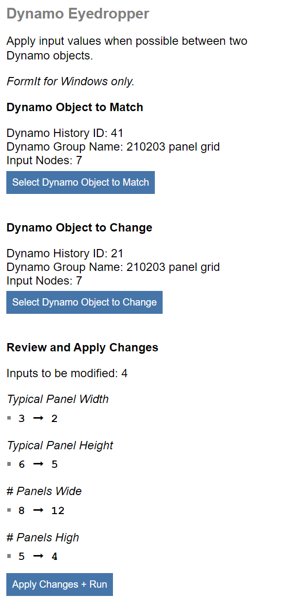 GitHub - FormIt3D/DynamoEyedropper: Apply input values when possible between two Dynamo objects.